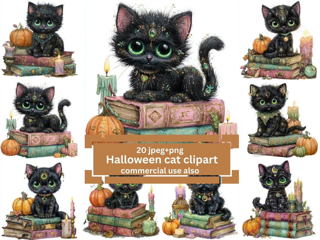 Witch Black Cat Clipart: Halloween Spell Book Art (PNG & JPG Digital ...
