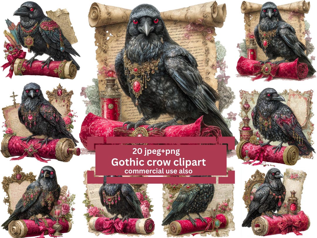 JPEG + PNG Gothic Black Ravens Holding Scroll Clipart Watercolor ...