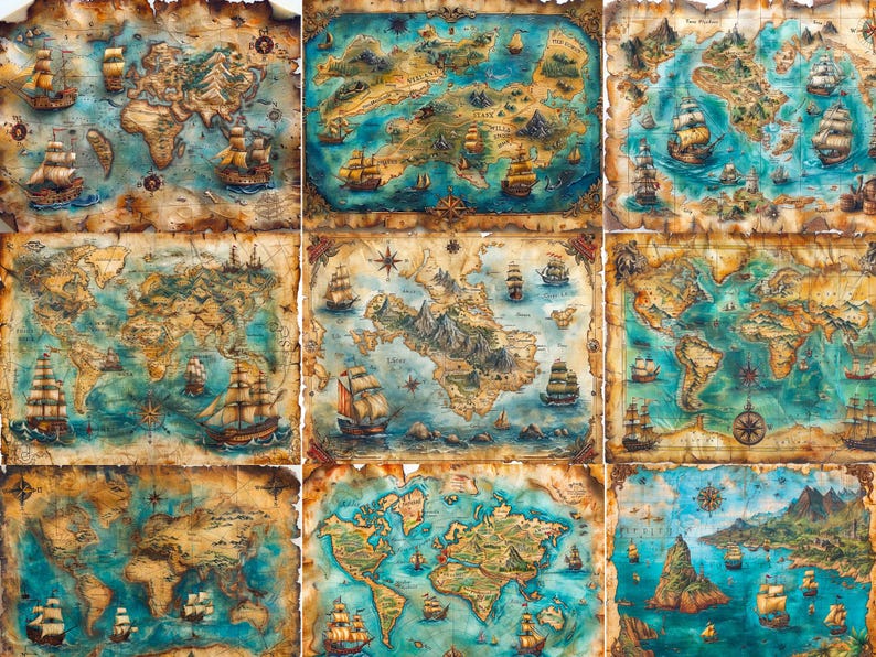 Vintage Pirate Watercolor Map Tear Pages for Your Junk Journals, Old ...