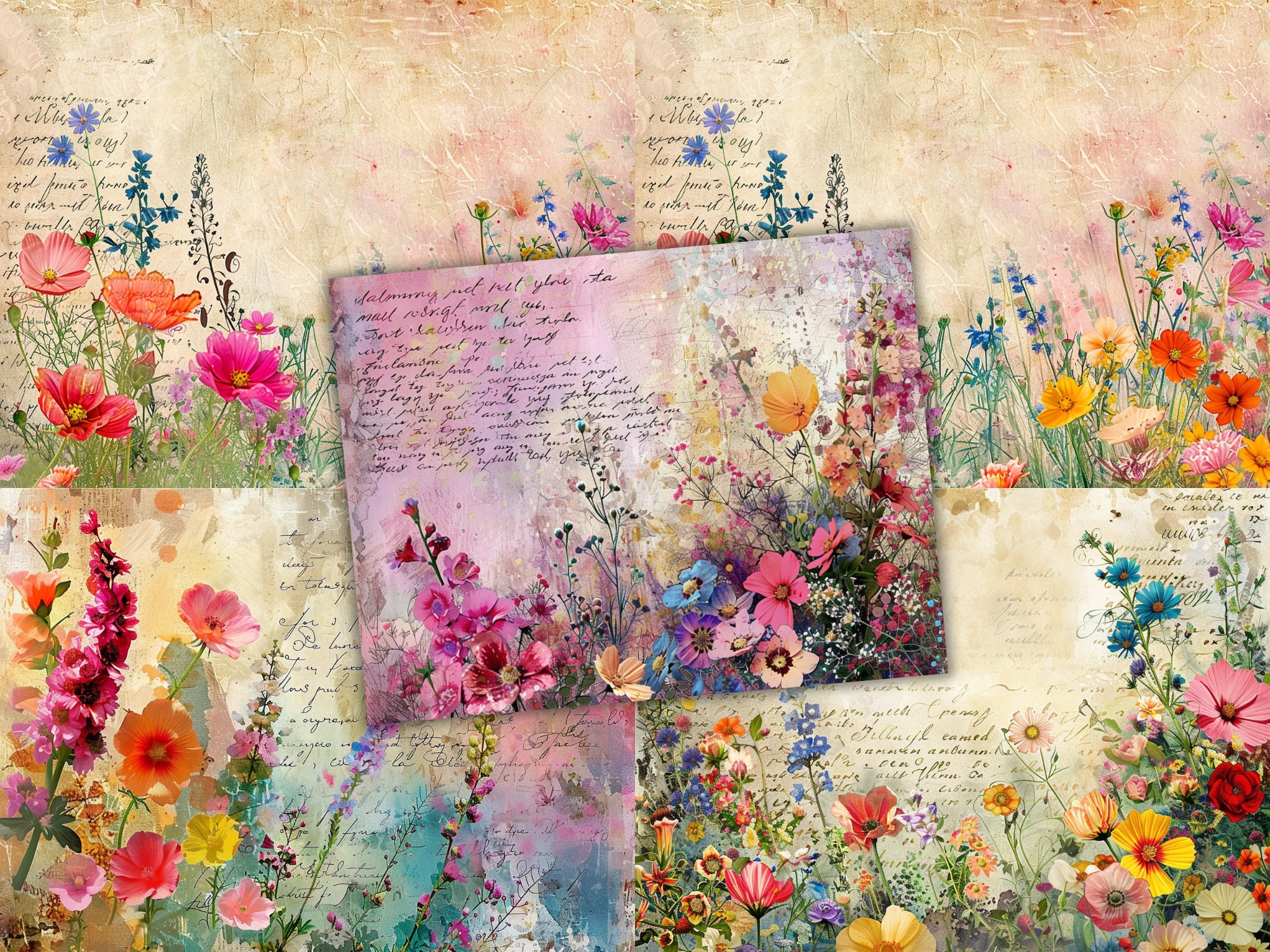 Watercolor Colourful Wildflowers Digital Paper Set, Spring Flowers Junk ...