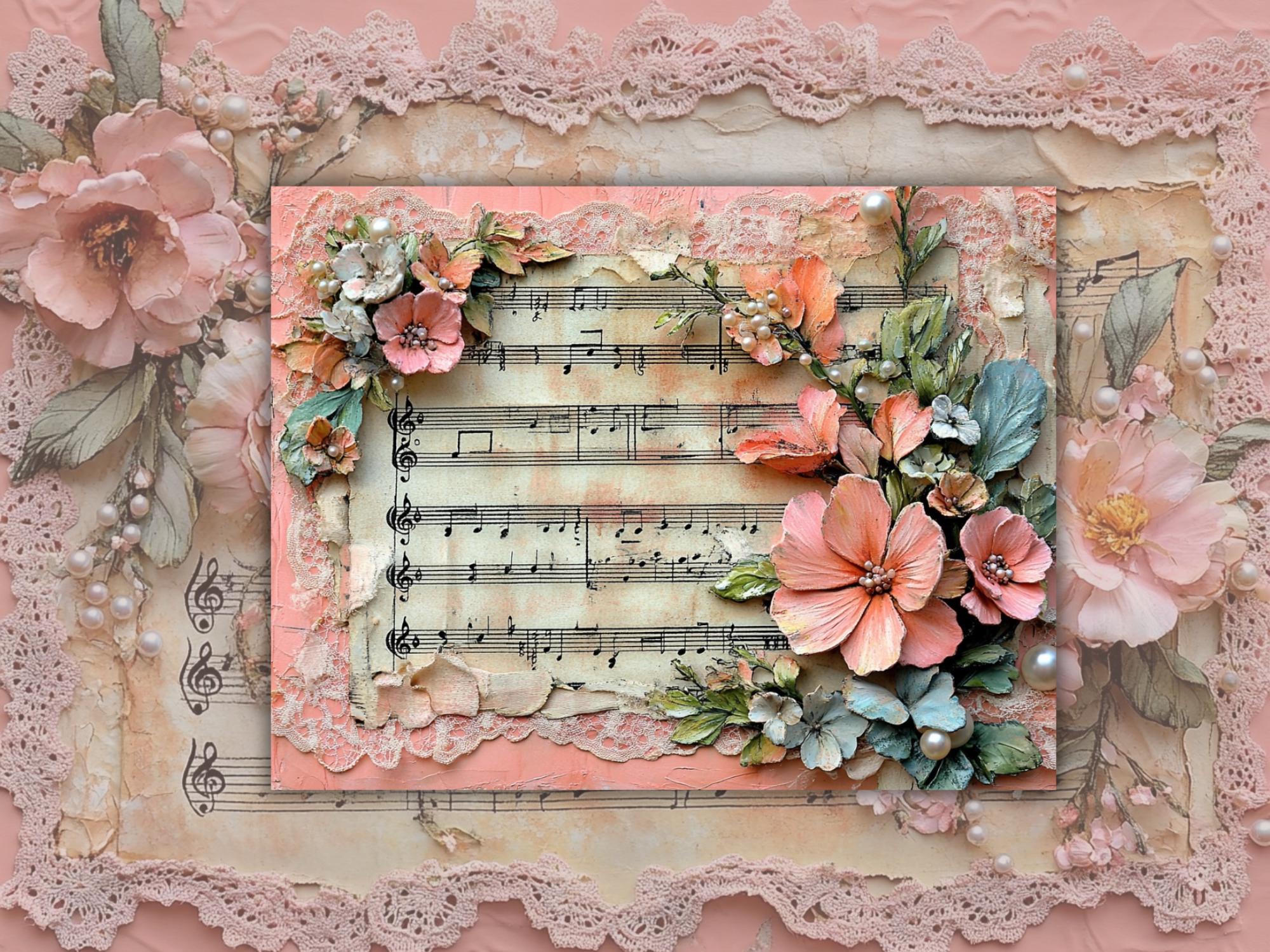 Shabby Floral Musical Sheet Junk Journal Pages, Digital Scrapbook Paper ...