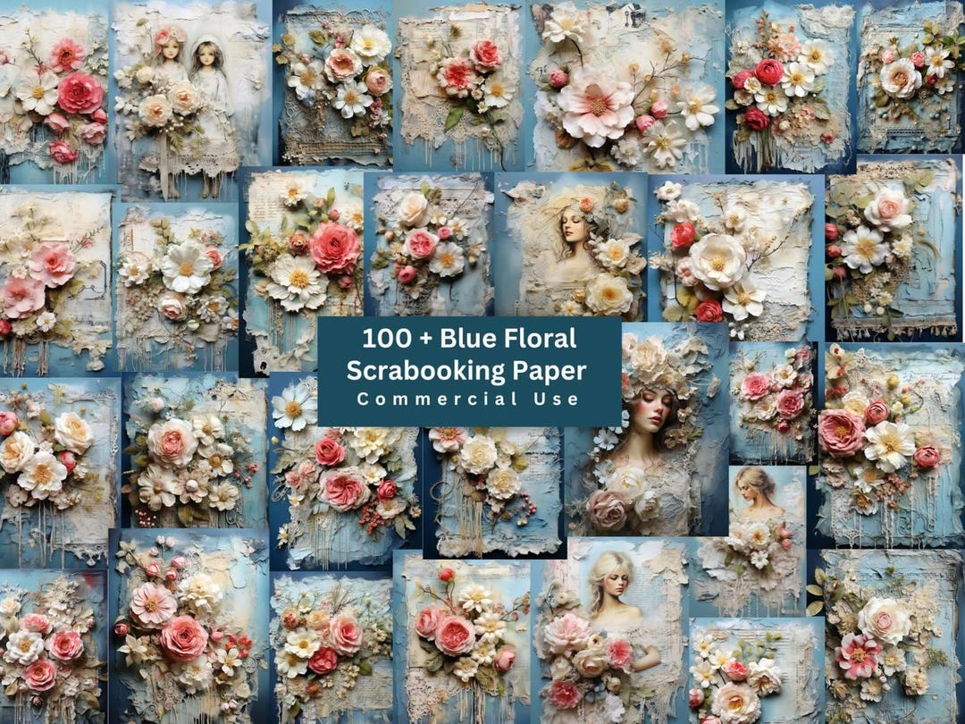 100+ Vintage Blue Flowers Scrapbooking Junk Journal Kit, Mega Bundle ...