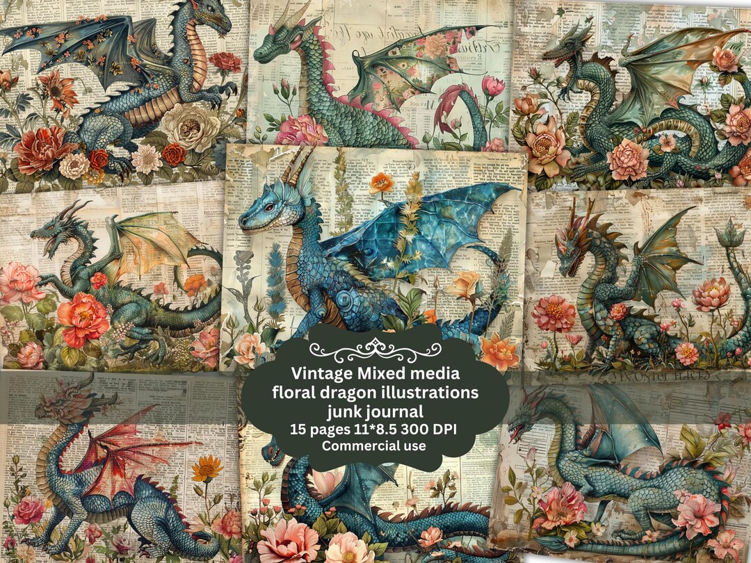 Floral Dragon Junk Journal Kit Fantasy Journal Pages Printable Collage ...