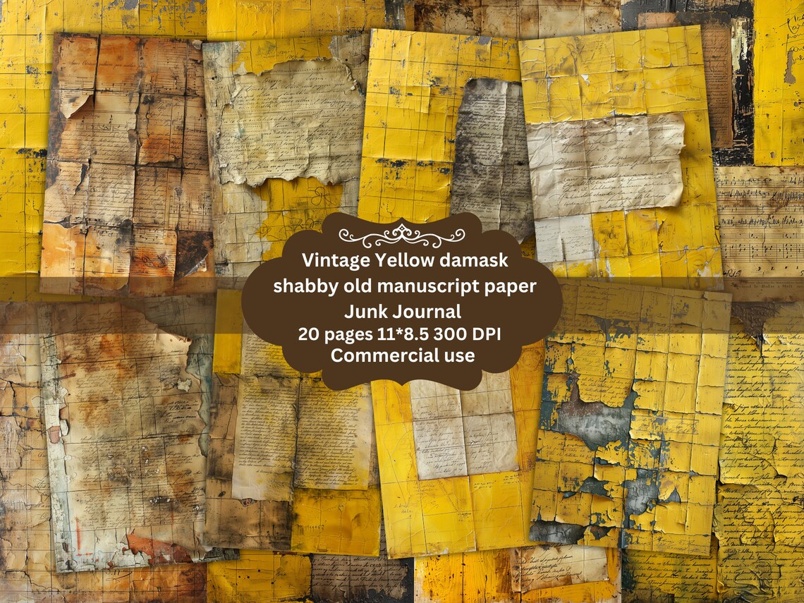Distressed Yellow Journal Pages, Digital Junk Scrapbook Paper Kit ...