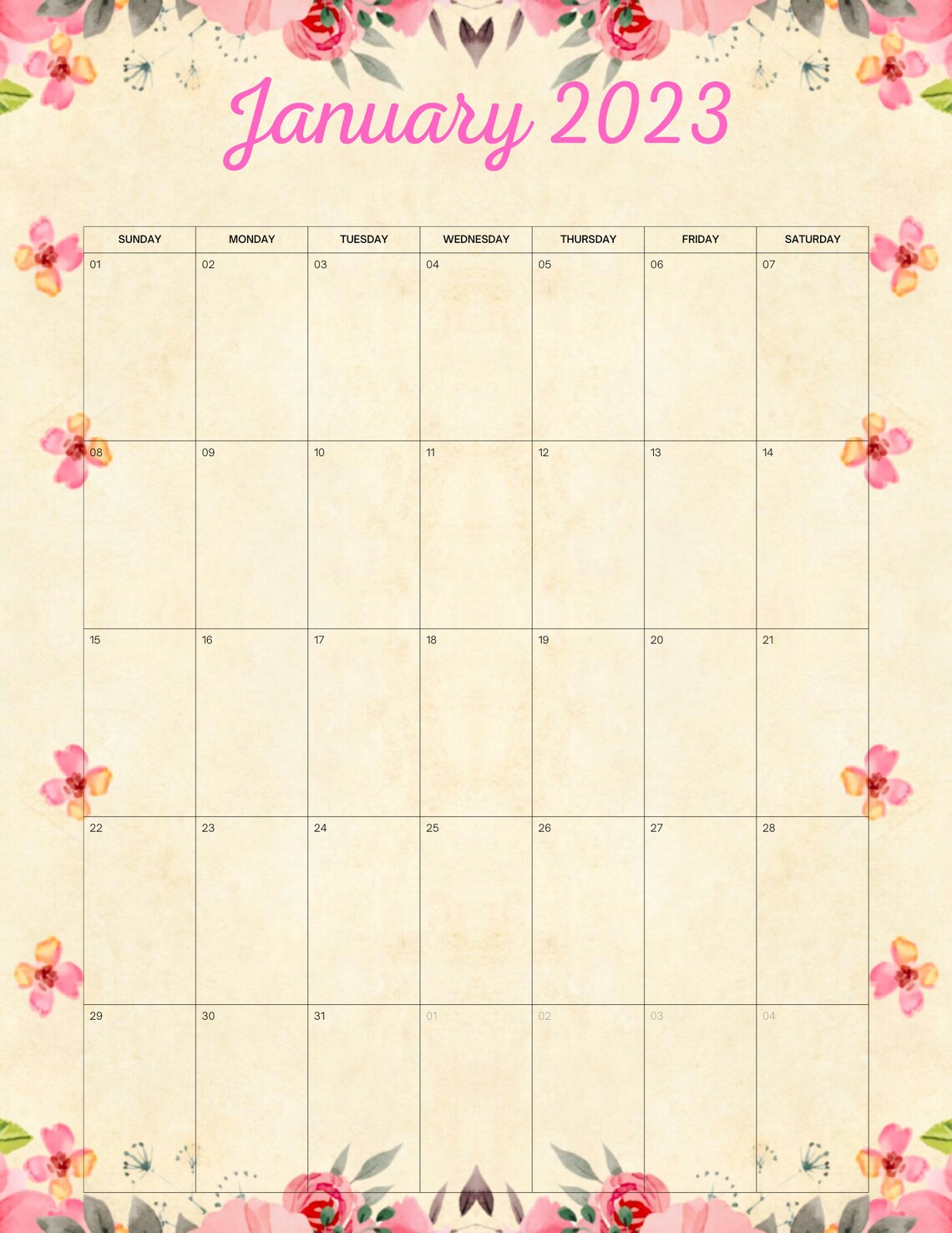 New Floral Printable Calendar 2023 - A4 - PDF Download - Etsy