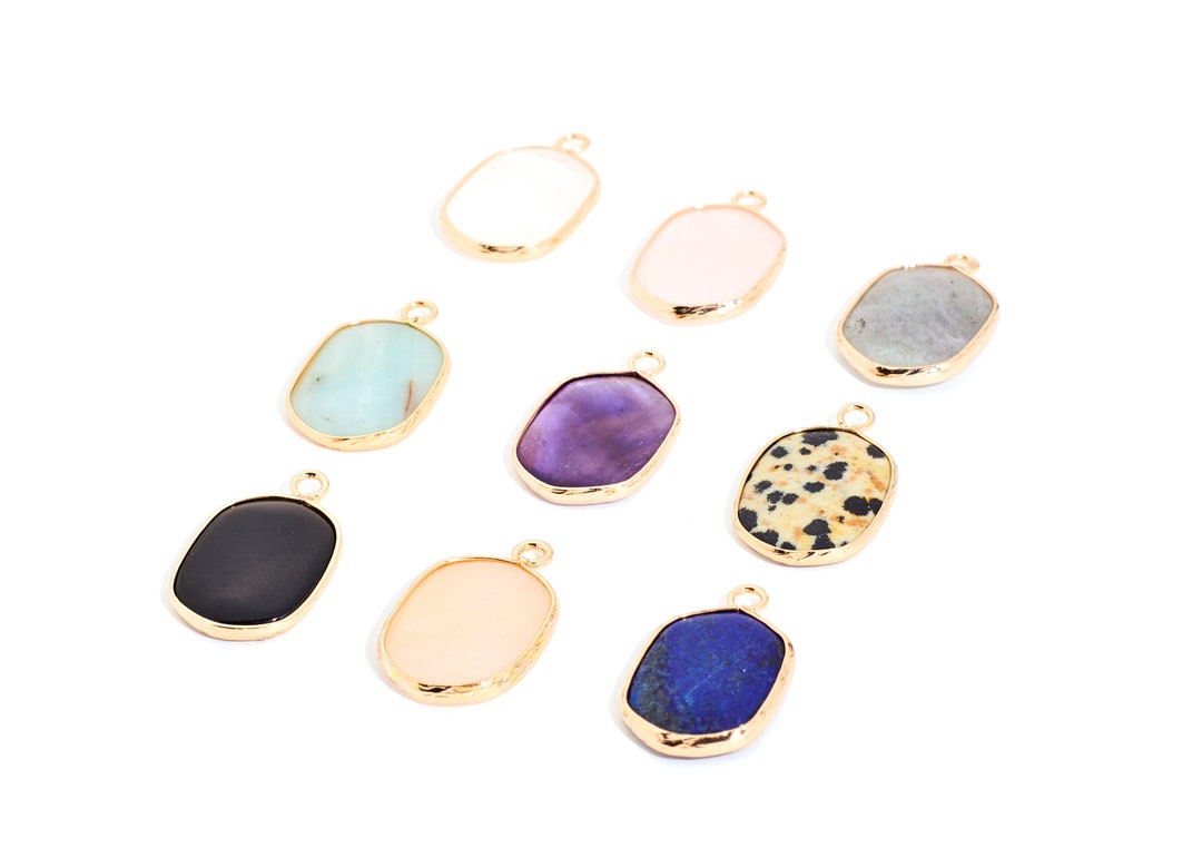 Obsidian Oval Natural Stone Pendant / Amazonite Gemstone Charm / Gold ...