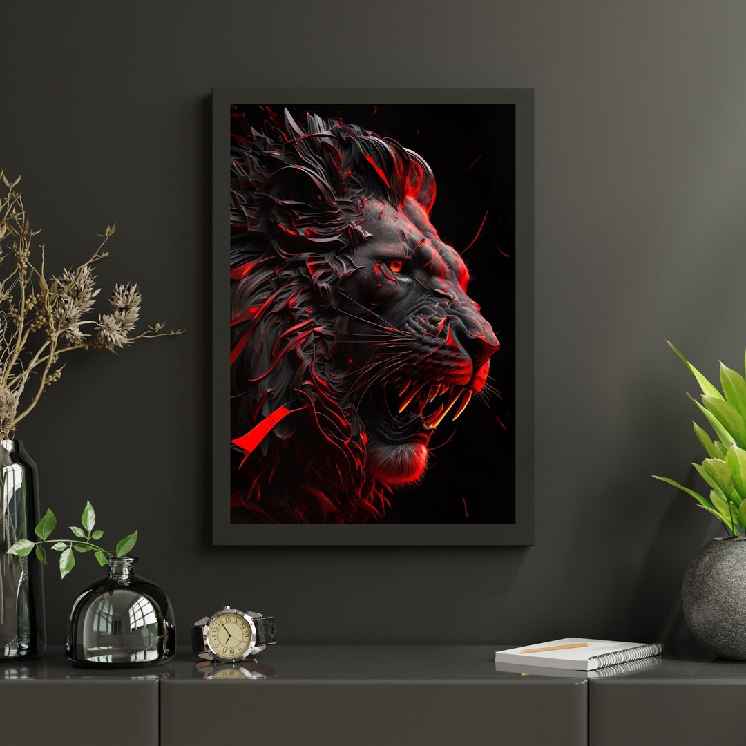 Aggressive Red Lion Printable Wall Art, Colorful Lion Canvas Art ...