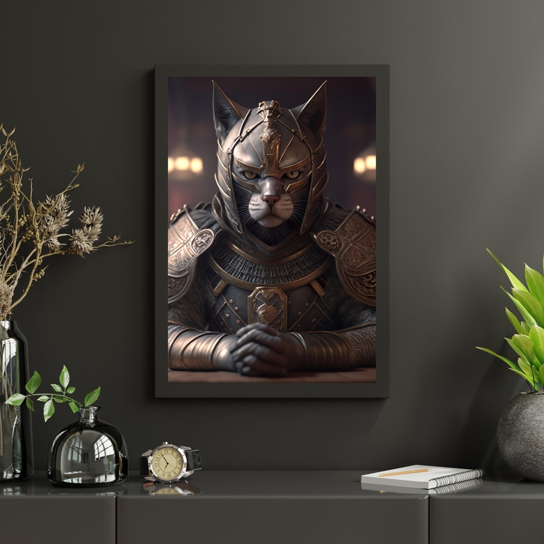 Cat in Combat Armor Print, Pet Portrait Wall Art, Vintage Portrait ...