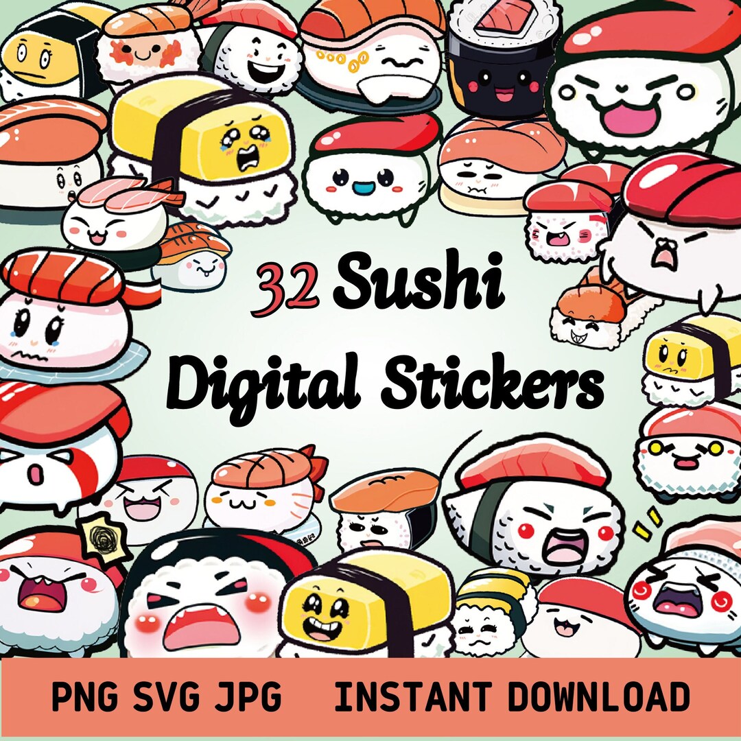 32 Cute Kawaii Sushi Digital Stickers Clipart Set | Goodnotes ...