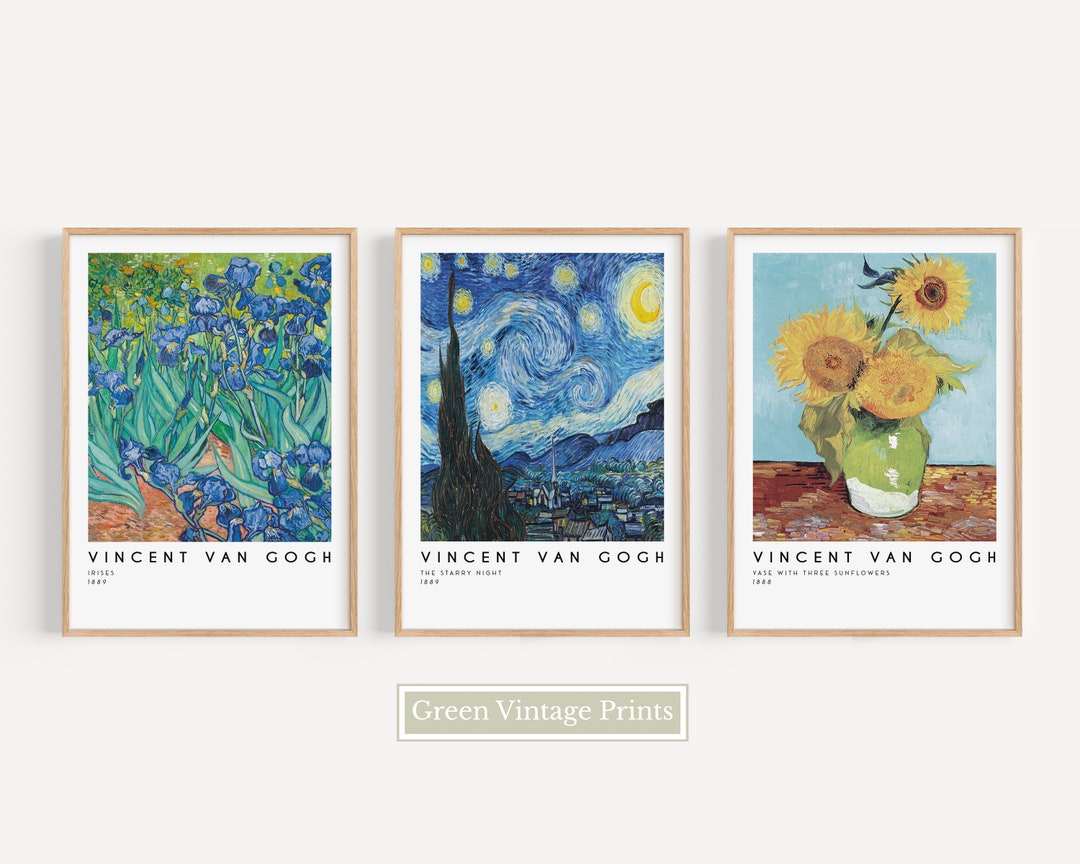 Van Gogh Art Prints Set of 3, Starry Night, Sunflowers, Irises, Vintage ...