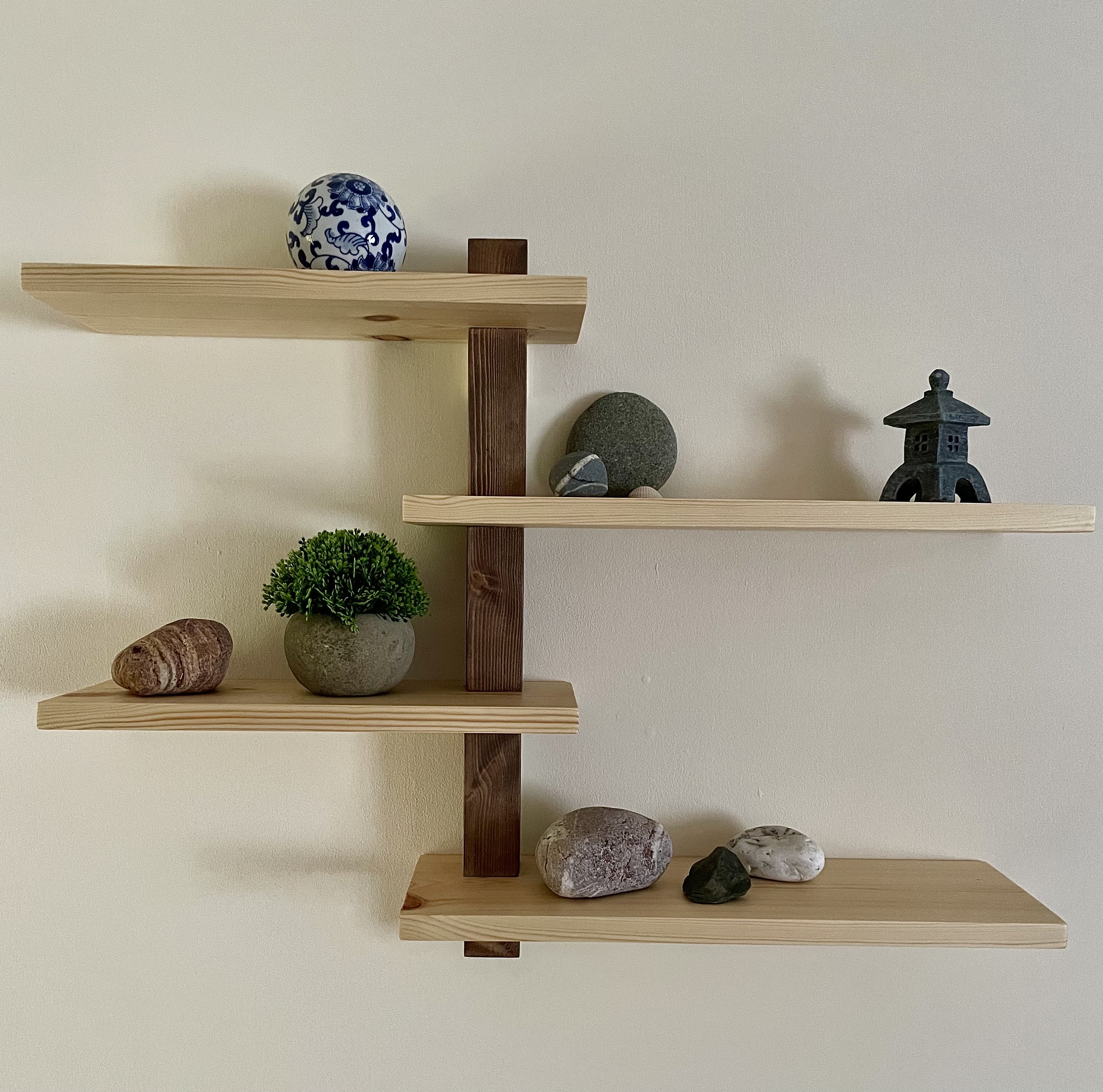 Japanese Floating Wall Shelf: Multi Tier Pine & Walnut Bookshelf - Etsy UK