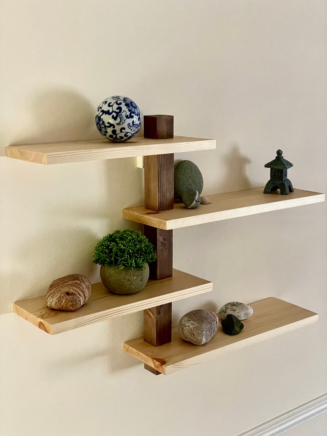 Japanese Floating Wall Shelf: Multi Tier Pine & Walnut Bookshelf - Etsy UK