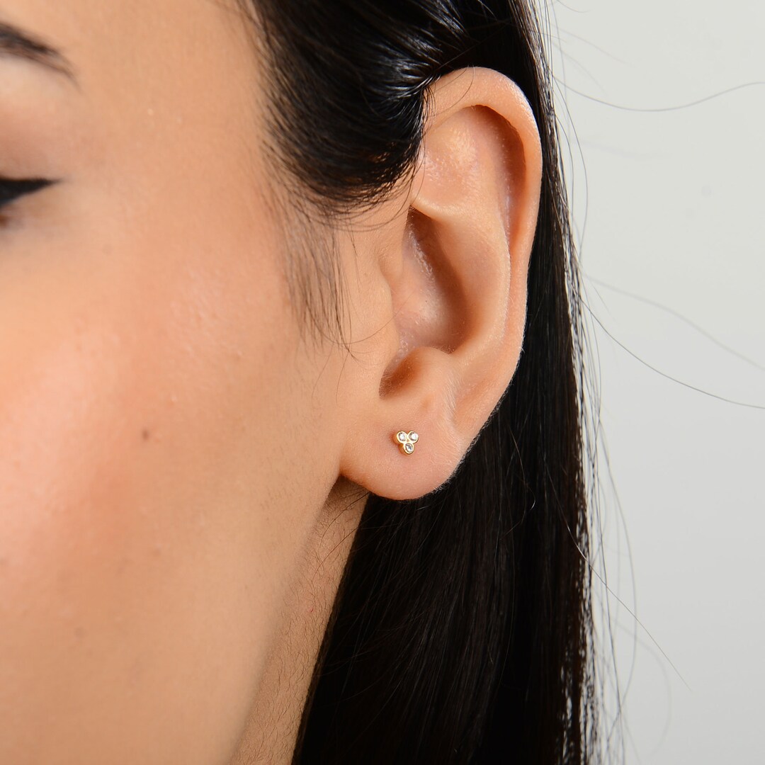 Triple Radiance: 14K Gold Three-stone Minimalist Earrings - Trendy ...