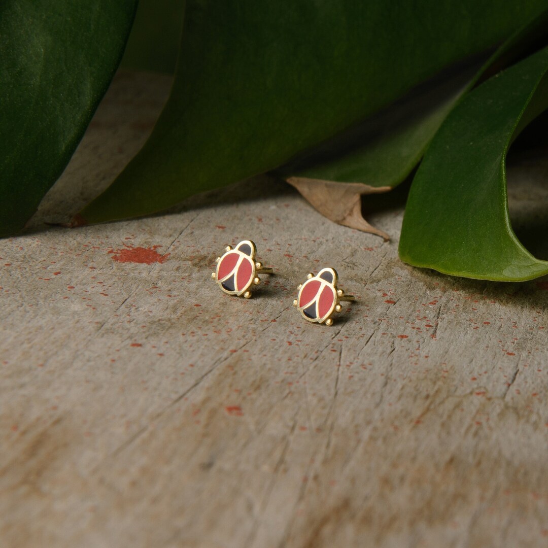 Elegant and Lucky 14K Gold Ladybug Earrings - Trendy Earring - Real ...