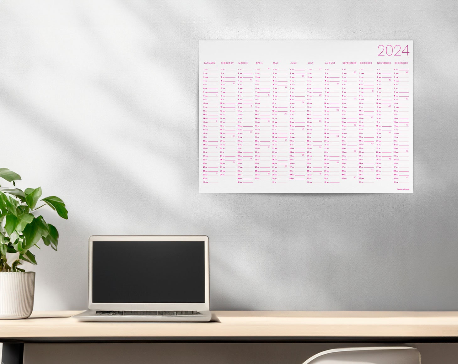 2024 Calendar Modern Minimalist Poster, Pink Wall-calendar Digital for ...