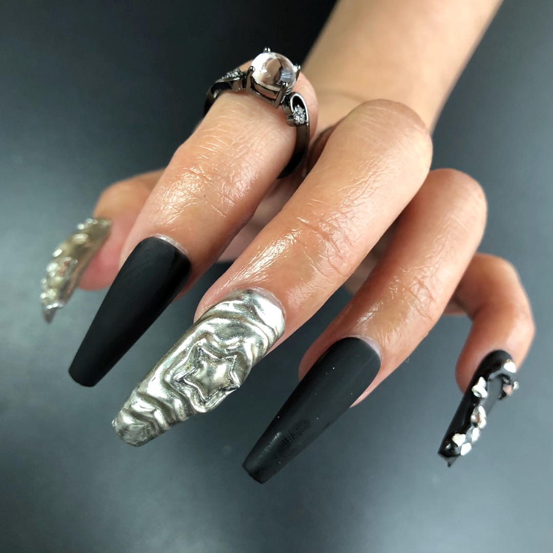 Chrome Silver Floating 3D Nails, Press on Nails, False Nails, Custom ...