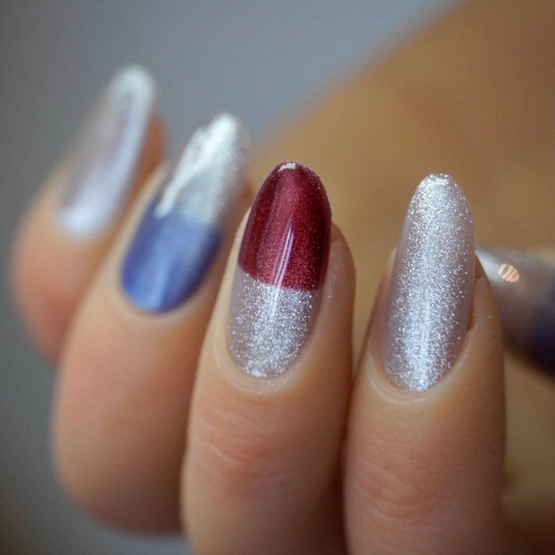 Fancy Red Blue Pill Nails, Glitter Cat Eye Nails, Long Round Nail ...