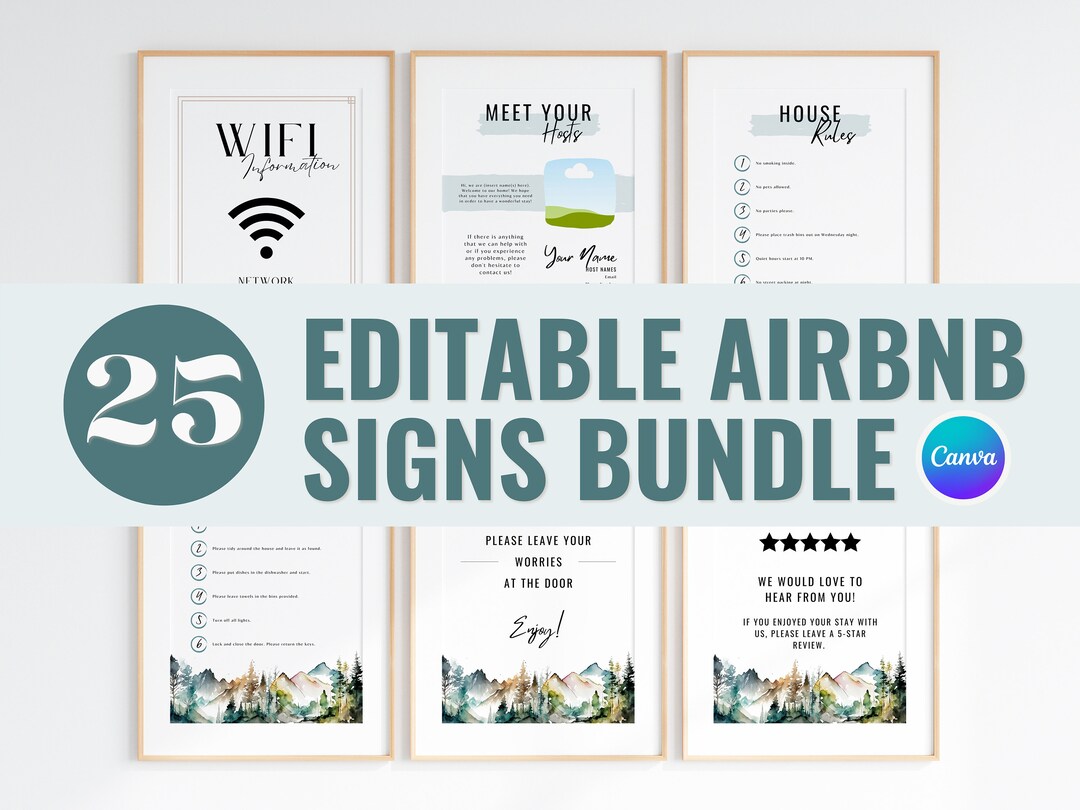 Airbnb Sign Bundle Template, Mountain Watercolor, Editable Airbnb ...