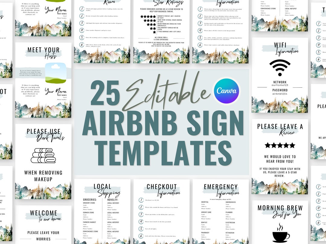 Airbnb Sign Bundle Template, Mountain Watercolor, Editable Airbnb ...