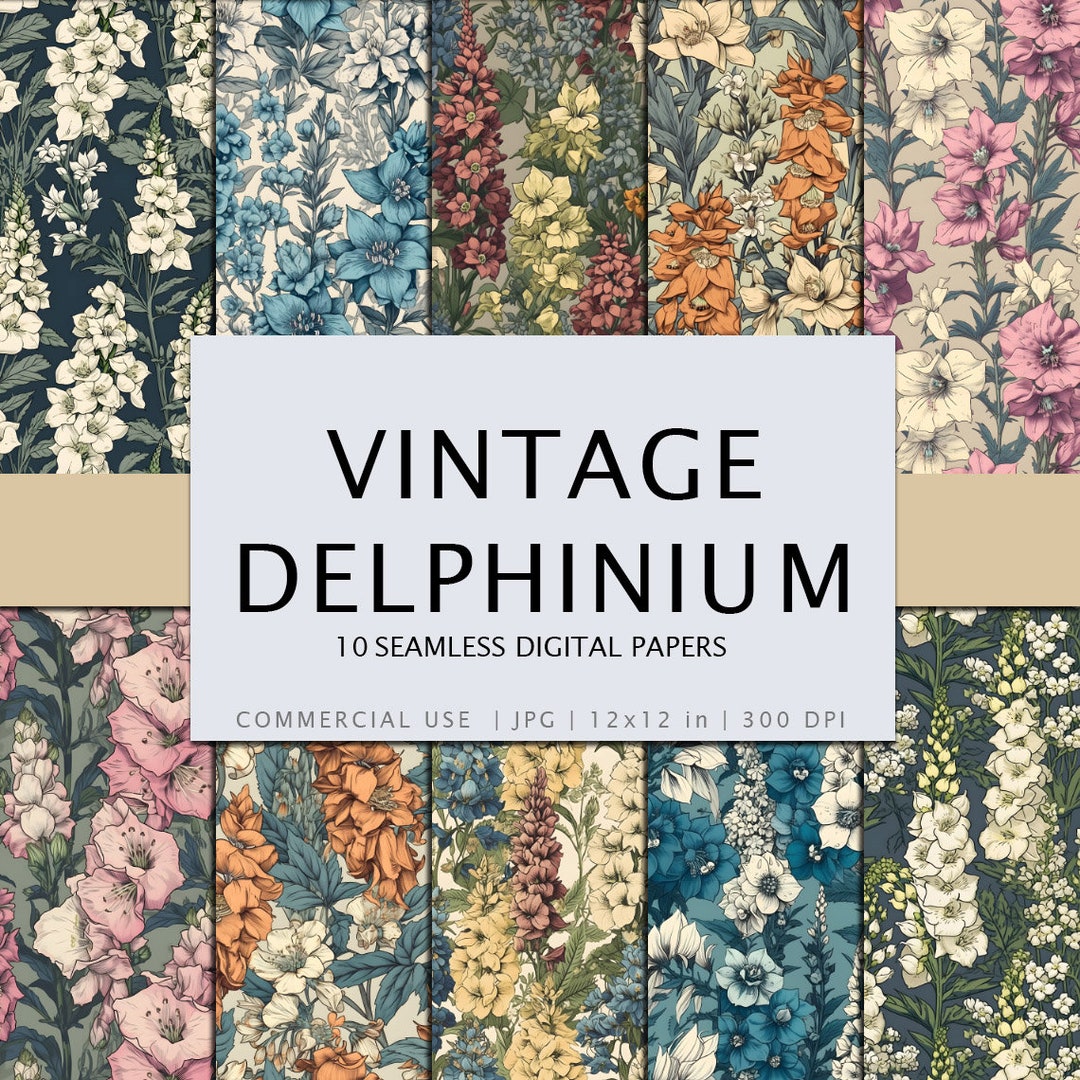 Vintage Delphinium Blossoms Printable Digital Paper Pack With Seamless ...