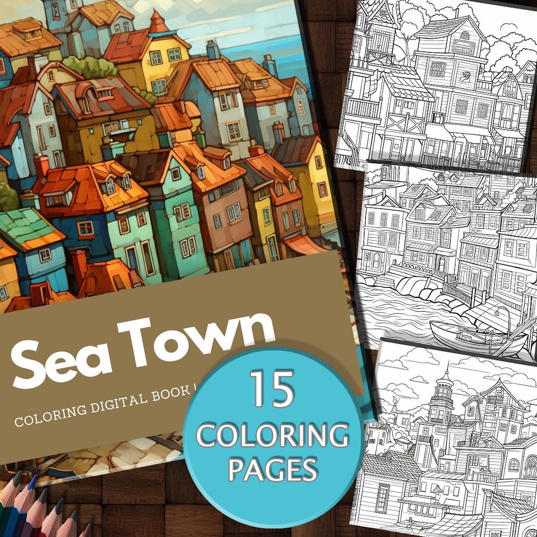 15 Sea Town Coloring Pages, Town, Houses, Sea, Boats, Digital Book ...