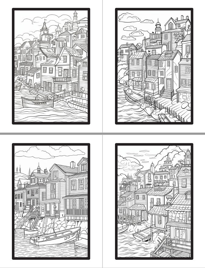 15 Sea Town Coloring Pages, Town, Houses, Sea, Boats, Digital Book ...