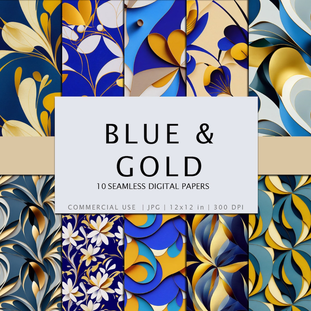 10 Blue and Gold Seamless Digital Papers, Backgrounds, Printable ...