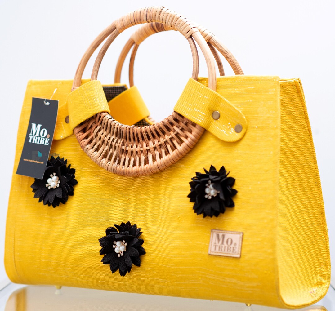 Handwoven Fugusmock Bag With Round Cane Handle yellow - Etsy