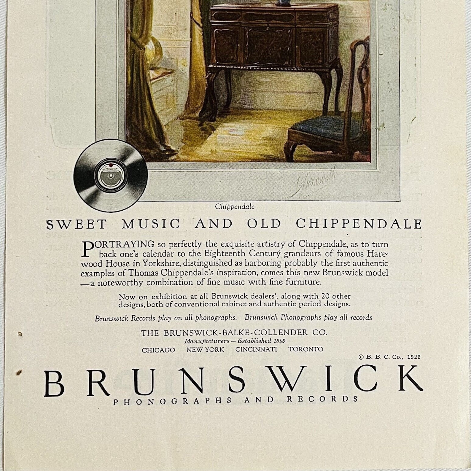 Vintage 1922 Brunswick Phonographs & Records Print Ad Chippendale Color ...