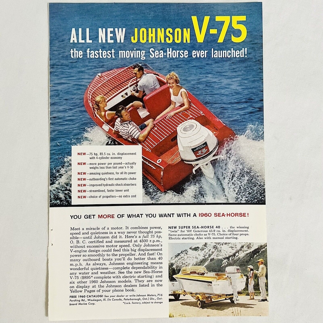 Vintage 1960 Johnson Outboard Boat Motor Color Magazine Print Ad V75 ...