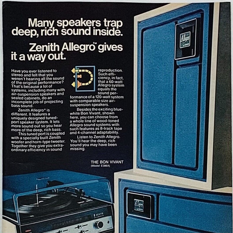 Vintage 1970's Zenith Allegro Print Ad Bon Vivant Model E586X Stereo 8 ...