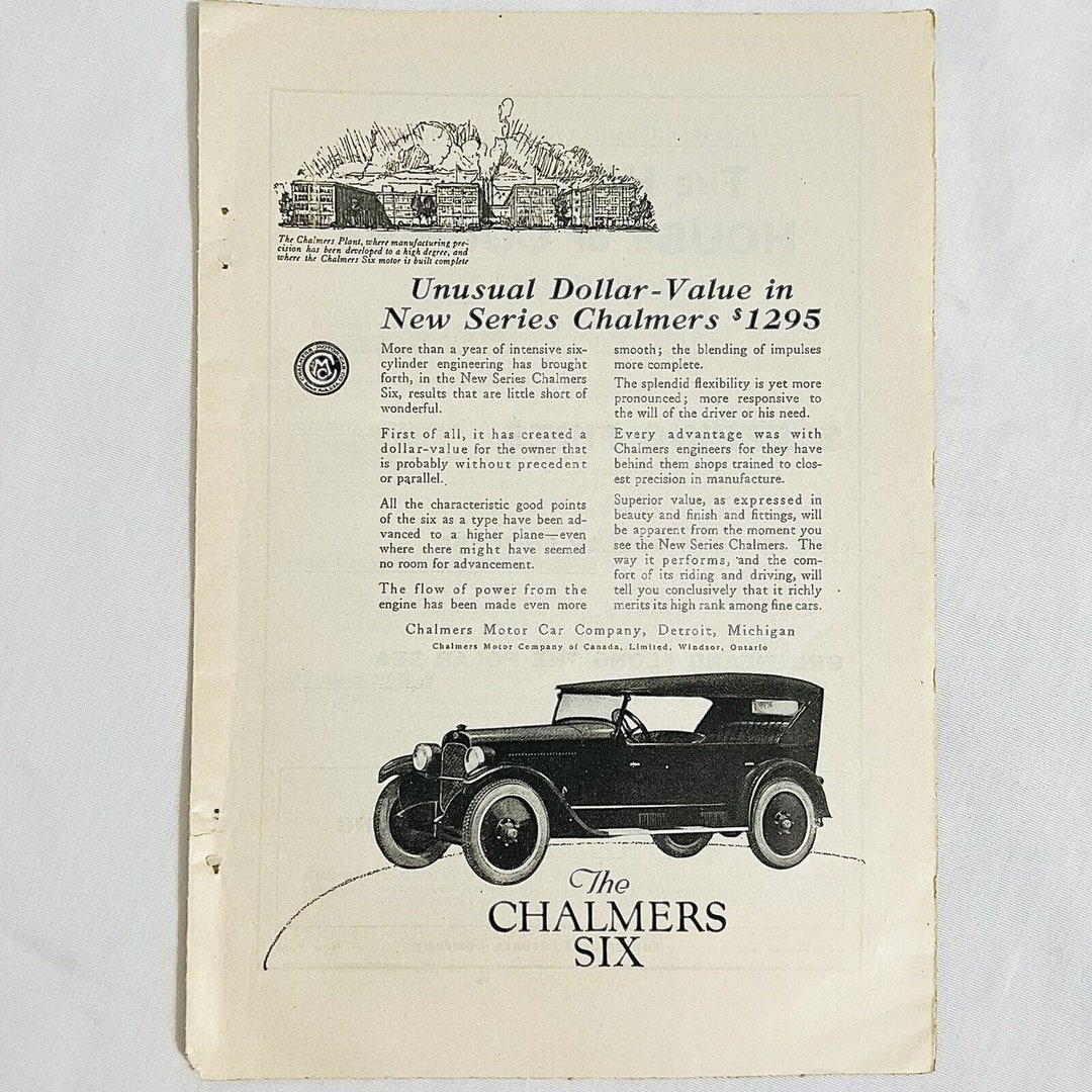 Vintage 1922 Chalmers Motor Car Company Print Ad the Chalmers Six ...