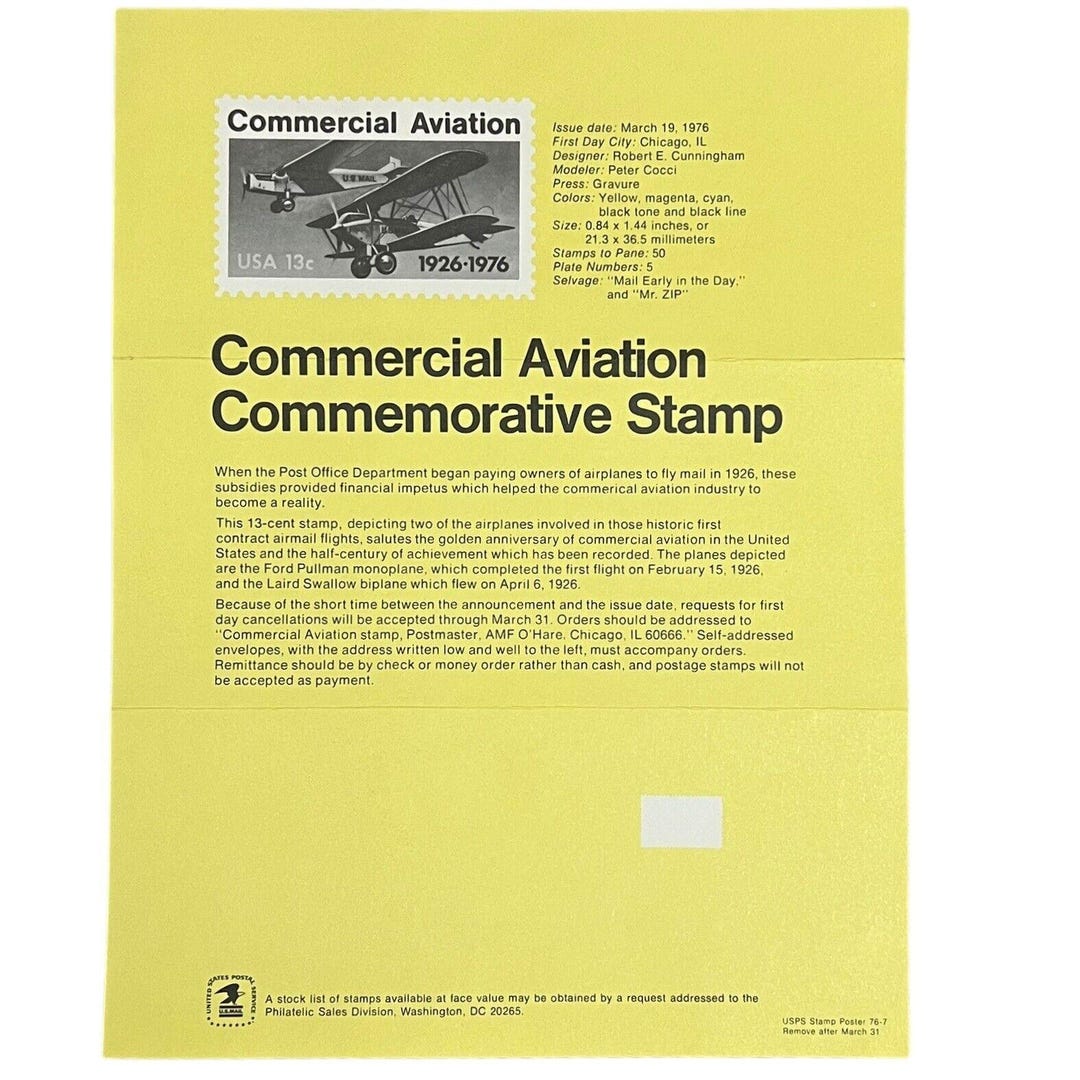 Vtg 1976 US Post Office Stamp Poster Flyer Commercial Aviation ...
