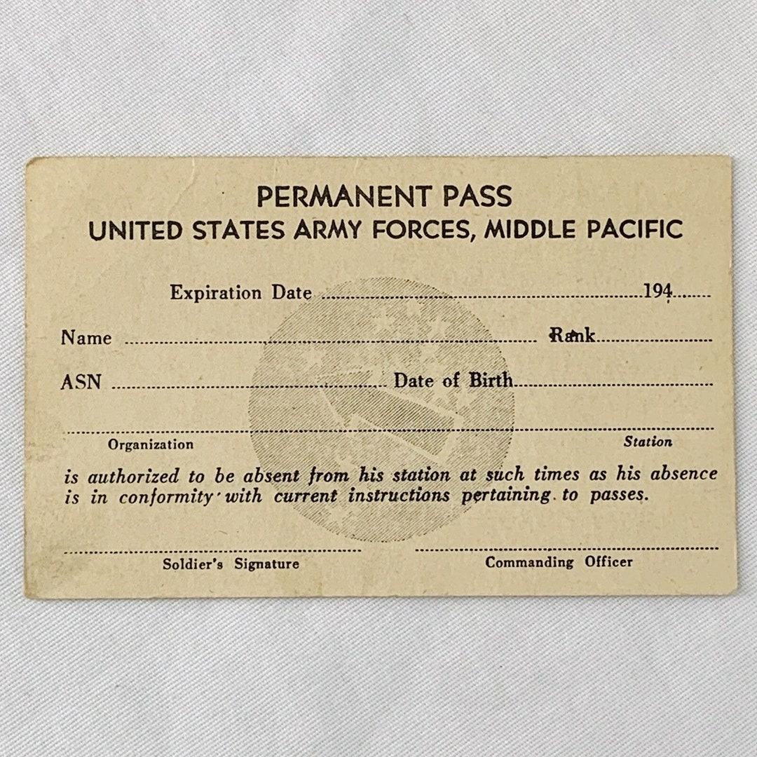 Vintage 1940's United States Army Forces Middle Pacific Permanent Pass ...