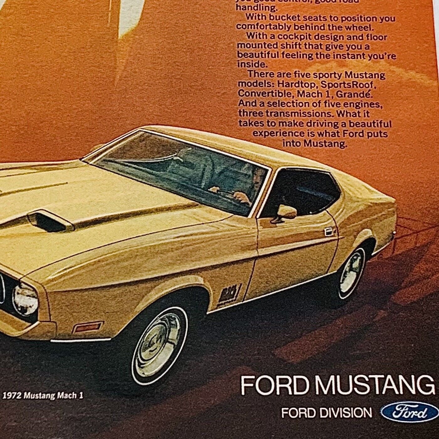 1972 Ford Mustang Mach 1 Vintage Print Ad Full Color Sail Boat 8" X 11 ...