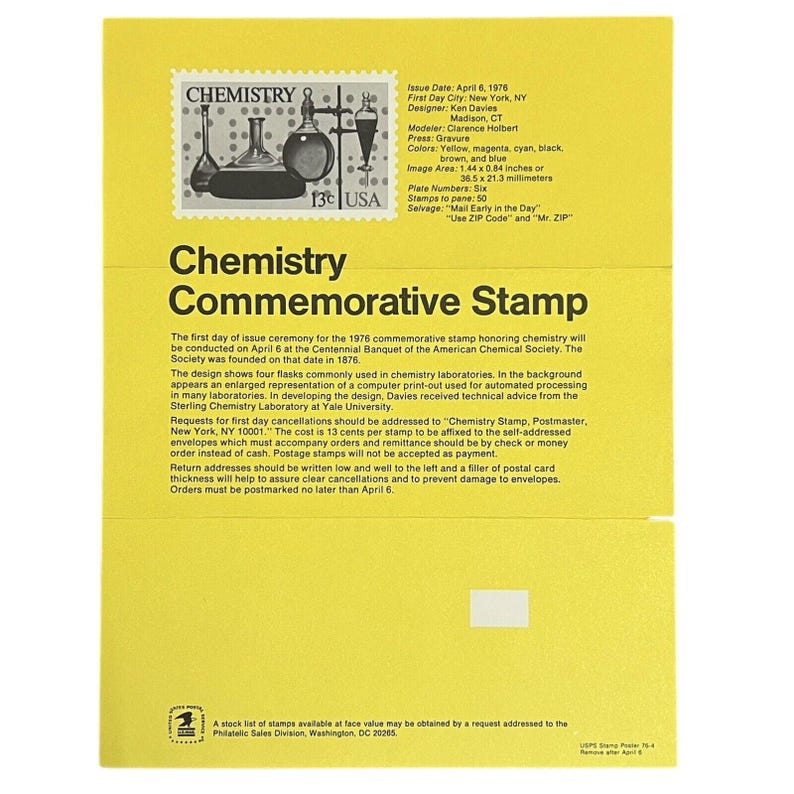 Vtg 1976 US Post Office Poster Flyer Chemistry Commemorative Stamp Ken ...