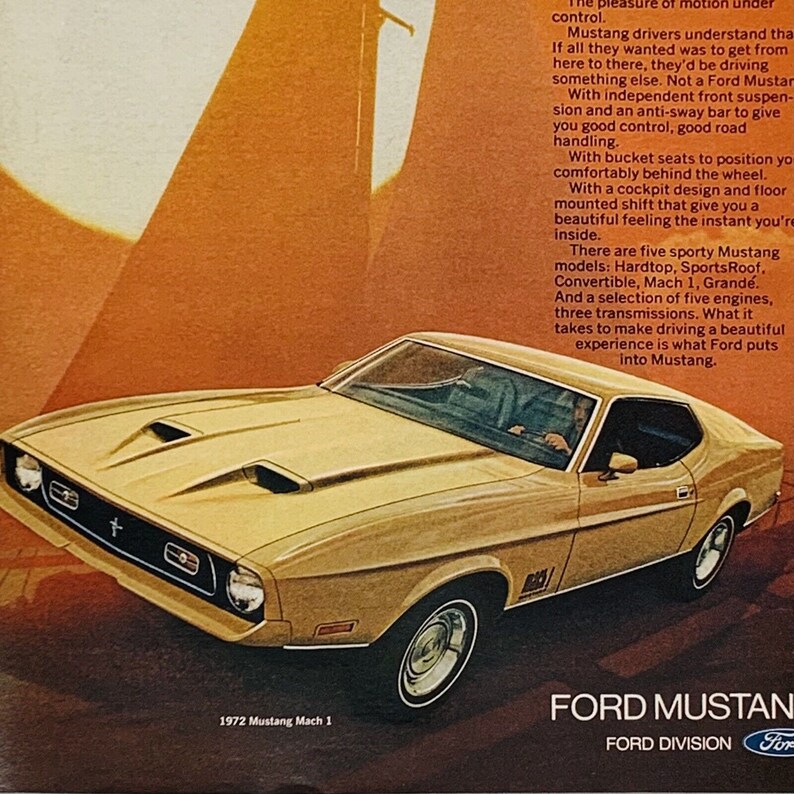 1972 Ford Mustang Mach 1 Vintage Print Ad Full Color Sail Boat 8" X 11 ...