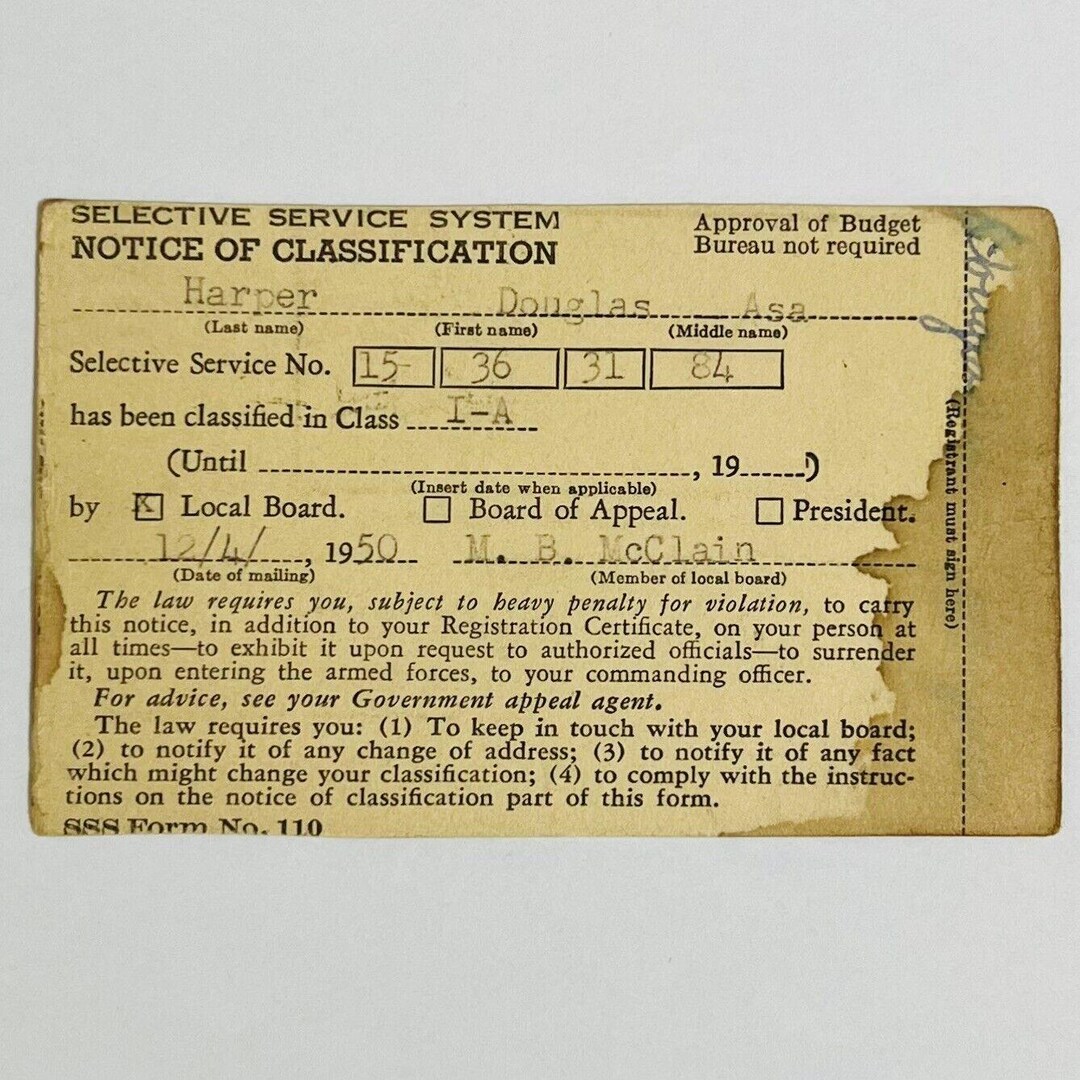 Vintage 1950 Selective Service System Registration Certificate ...