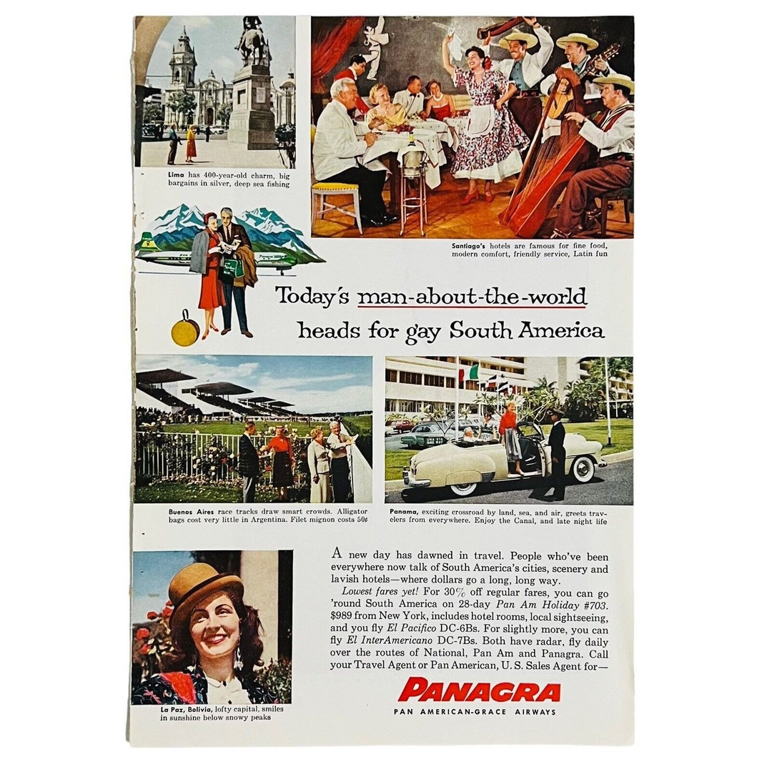 Vtg 1950's Panagra Pan America Grace Airways Airlines Print Ad Gay ...