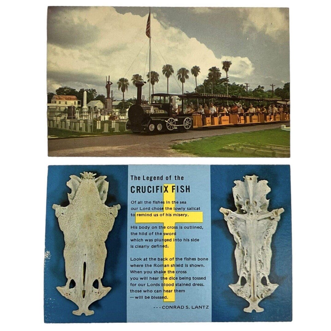 Key West FL Conch Tour Train Maine Memorial Crucifix Fish Vtg Postcard ...