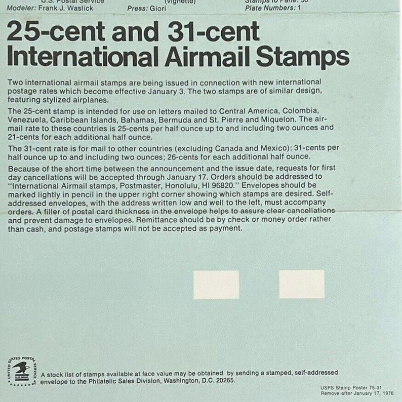 Vintage 1976 US Post Office Stamp Poster Flyer International Airmail ...