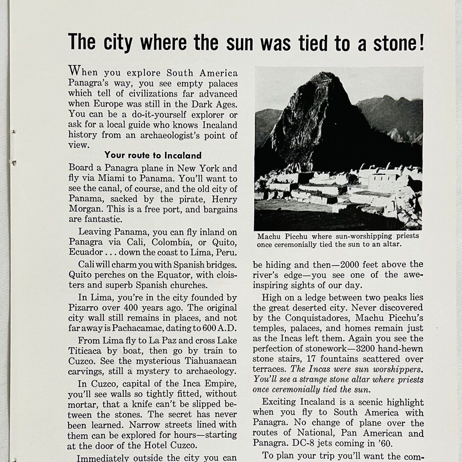 Vintage 1959 Panagra Pan America Grace Airways Airlines Print Ad Machu ...
