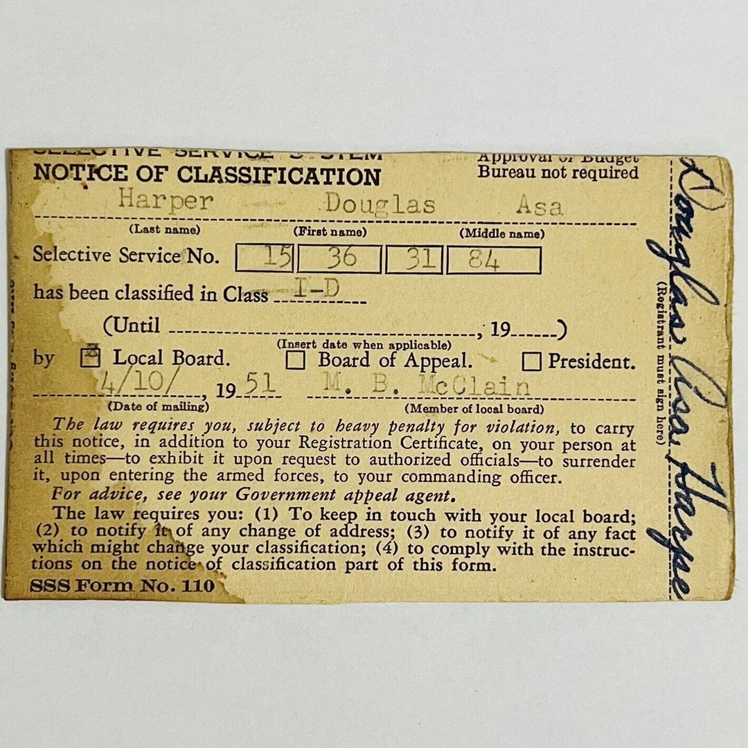 Vintage 1951 Selective Service System Registration Certificate ...
