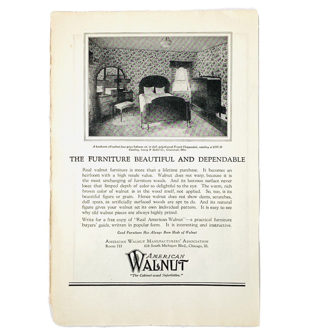 Vintage 1923 American Walnut Furniture Manufactures Association Print ...