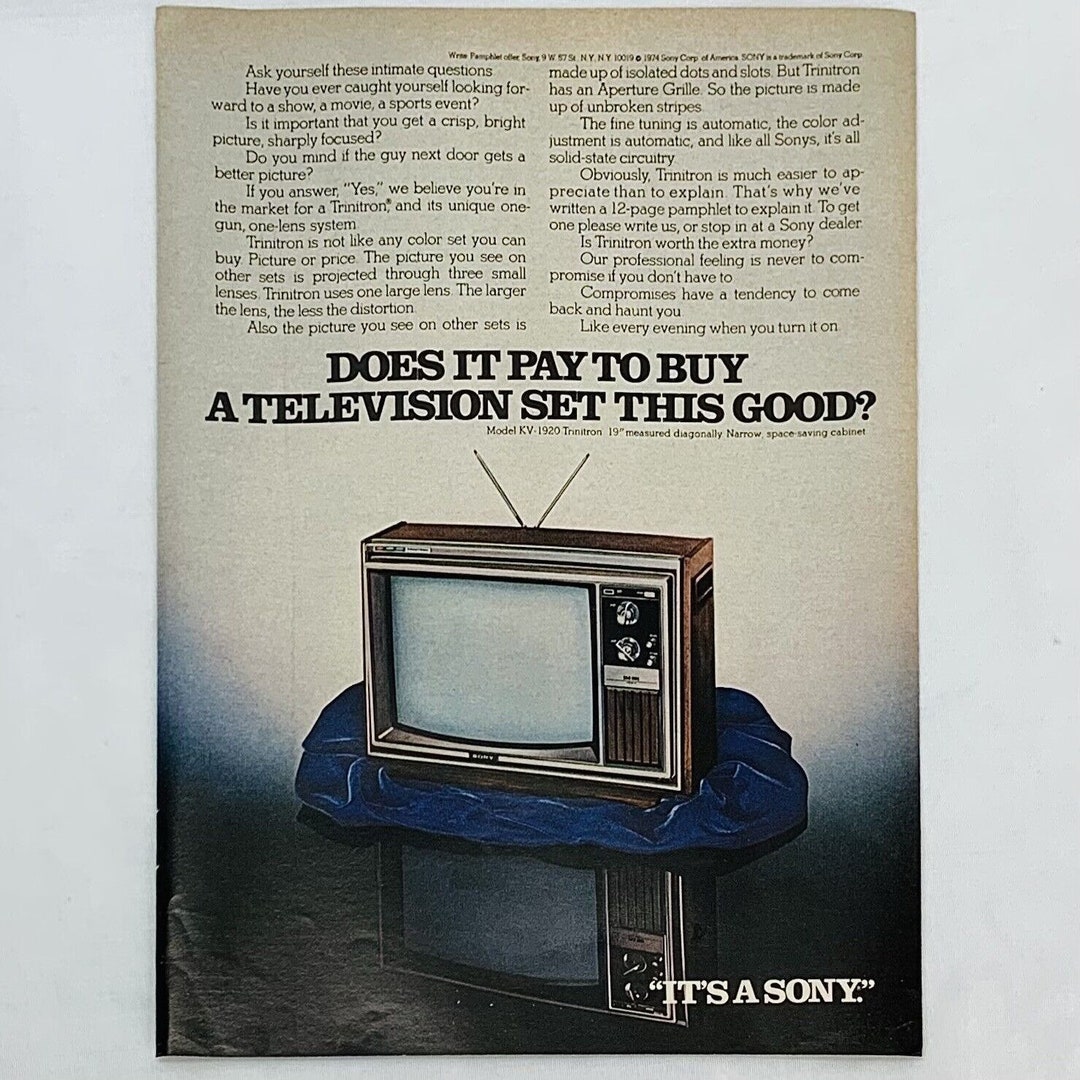Vintage 1970's Sony Trinitron Model KV-1920 TV 19" Television Print Ad ...