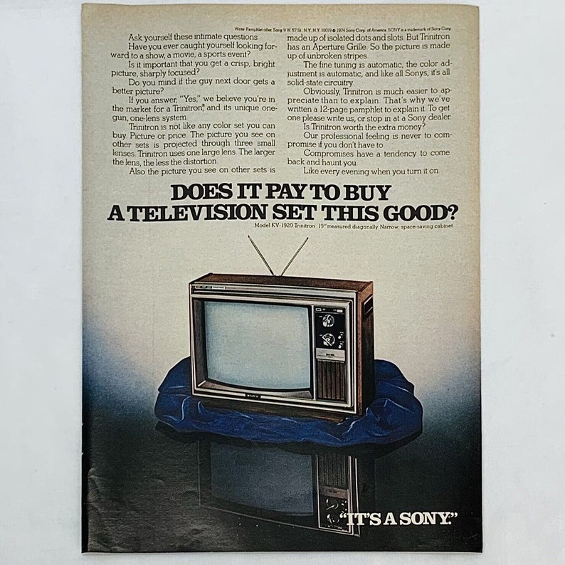 Vintage 1970's Sony Trinitron Model KV-1920 TV 19 Television Print Ad 8 ...