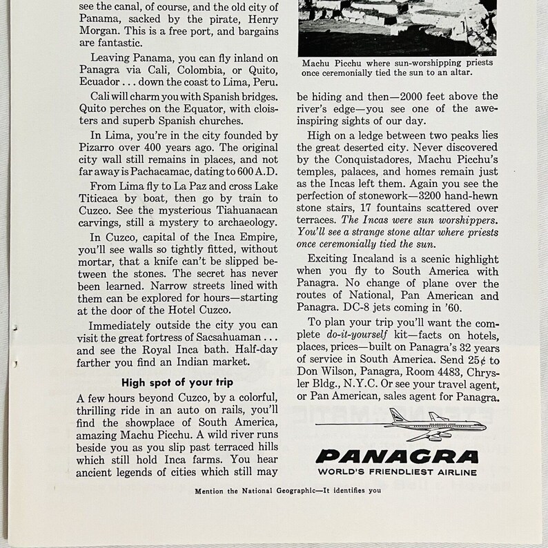 Vintage 1959 Panagra Pan America Grace Airways Airlines Print Ad Machu ...