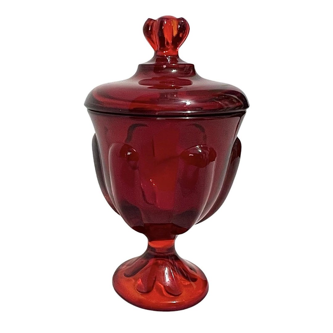 Vtg Viking Glass Ruby Red Epic 6 Petal Compete Candy Dish W/lid Made ...