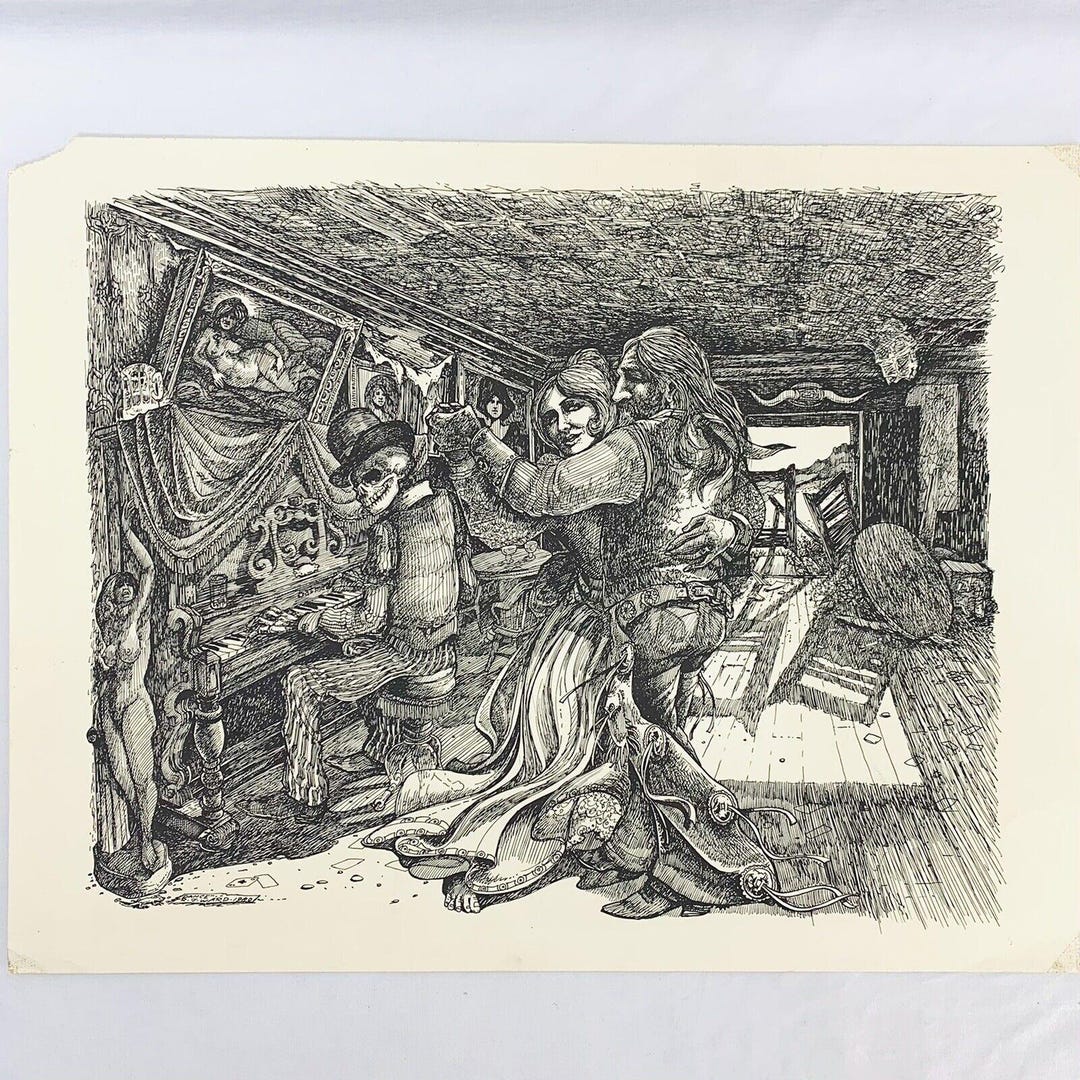 R. J. Ward Etching Dance 1980 Western Bar Scene Skeleton Playing Piano ...