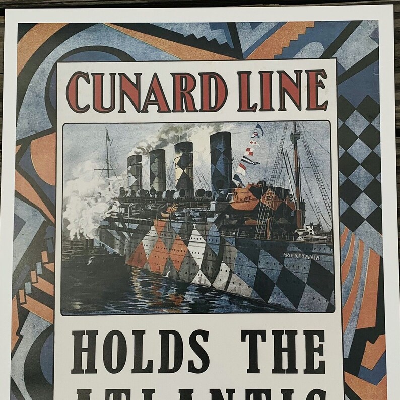 Vintage Cunard Line Mauretania Poster 26" X 16" Atlantic Blue Ribbon ...